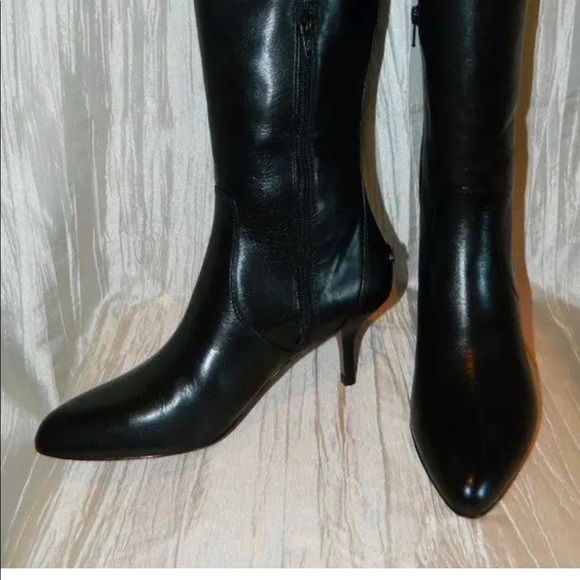 Coach | Shoes | Coach Foxy Black Leathrpoint Toe Kitten Heel Boots ...